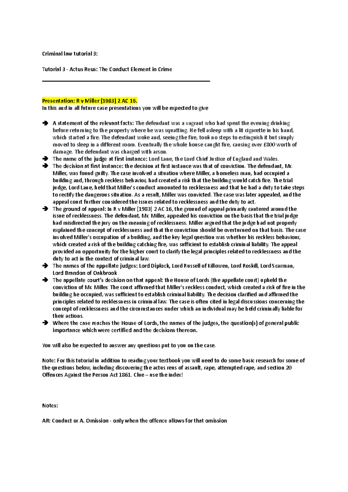 Criminal law tutorial 3 - In this and in all future case presentations ...