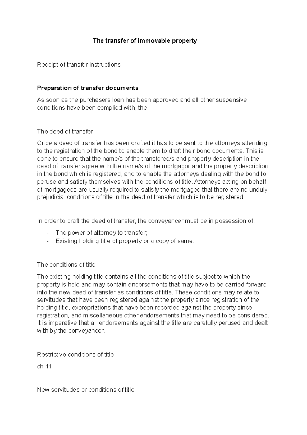 Conveyancing notes 2019 - The transfer of immovable property Receipt of ...