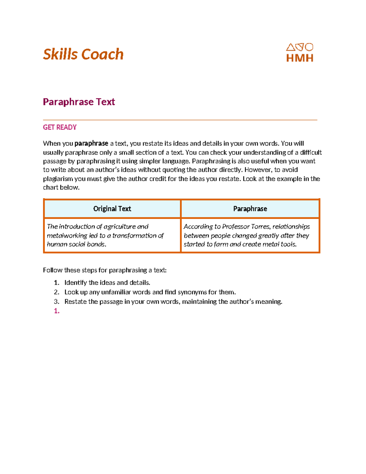 Paraphrase Text - Skills Coach Paraphrase Text GET READY When you ...