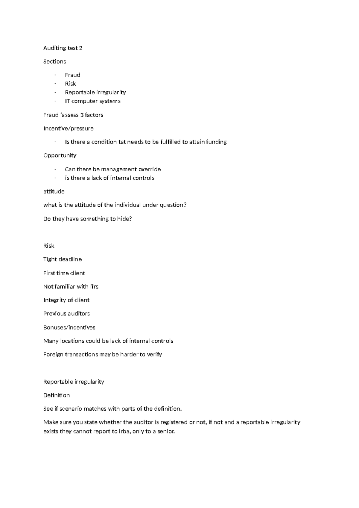 auditing test 2 - Auditing test 2 Sections - Fraud - Risk - Reportable ...