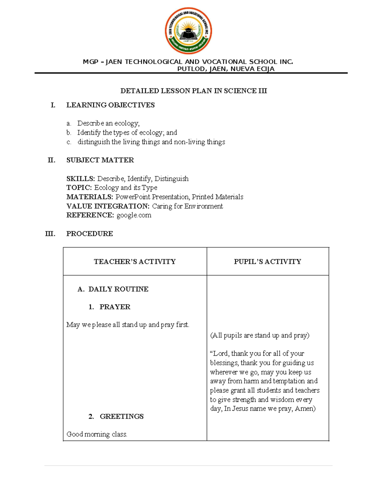 DLP Science - lesson plan - PUTLOD, JAEN, NUEVA ECIJA ; DETAILED LESSON ...
