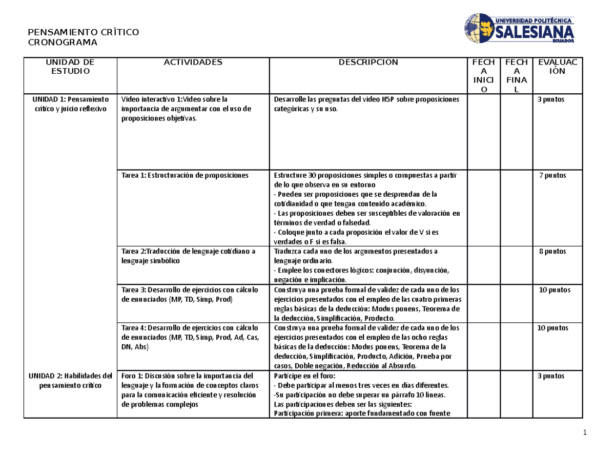 Cronograma Actividades Pensamiento crítico - PENSAMIENTO CRÍTICO ...