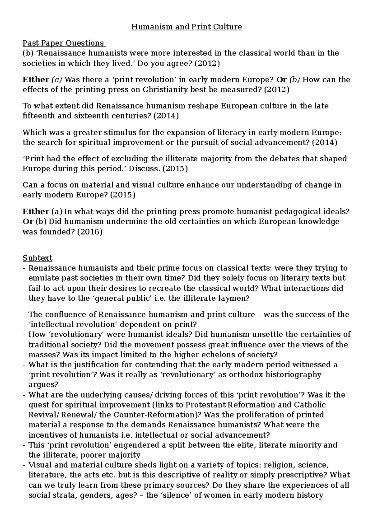 Revision - The Word, The Image - Humanism and Print Culture Past Paper ...