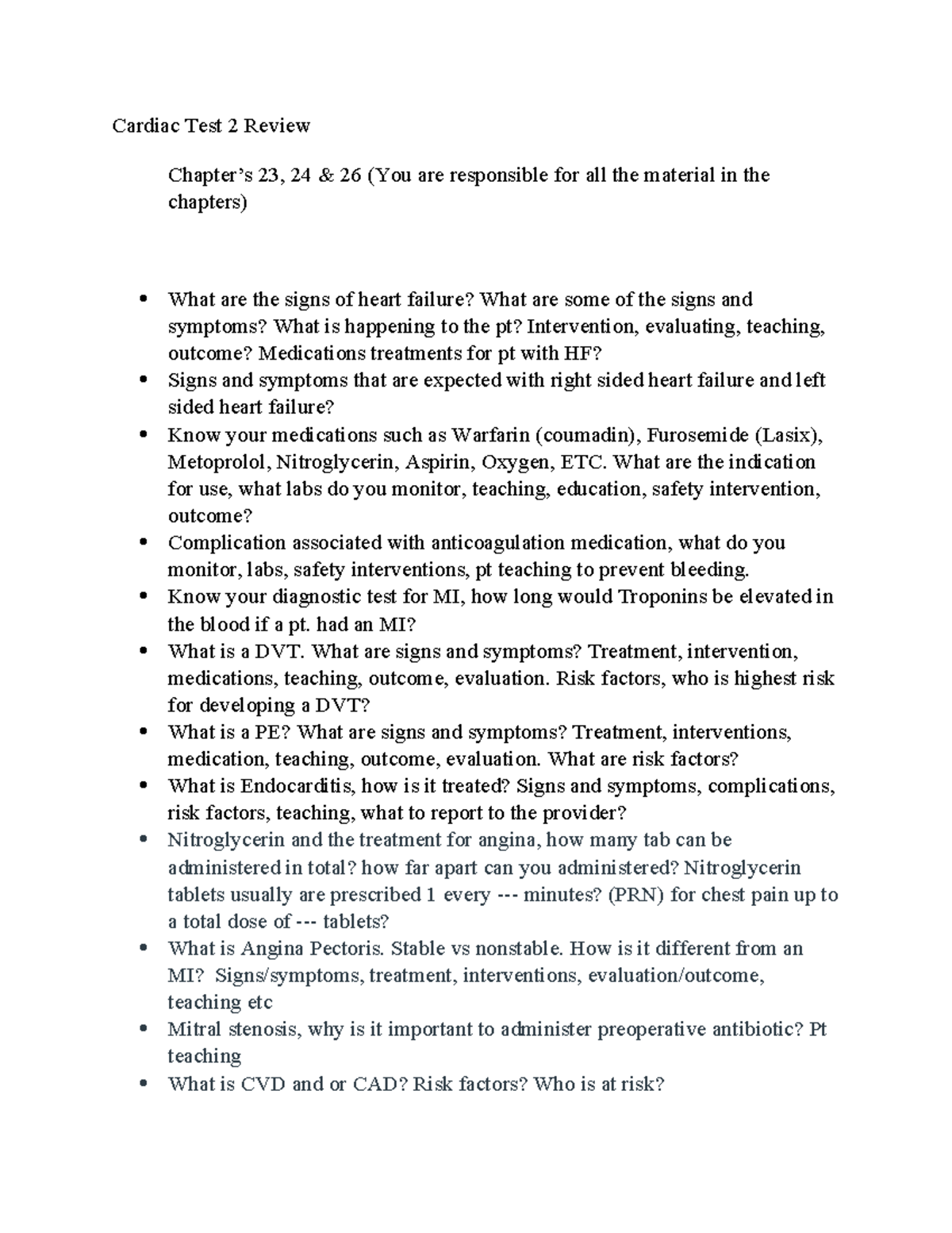 Cardiac test 2 review - note - Cardiac Test 2 Review Chapter’s 23, 24 ...