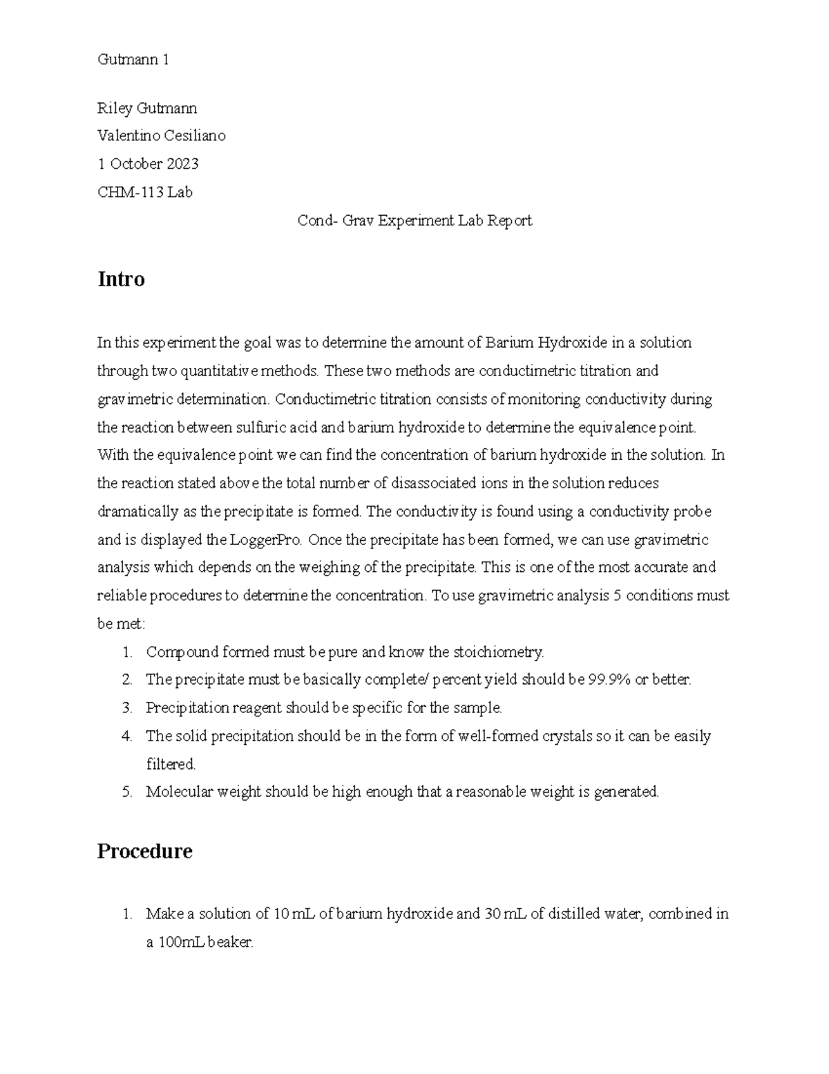 Chem Lab 3 Report - Riley Gutmann Valentino Cesiliano 1 October 2023 ...