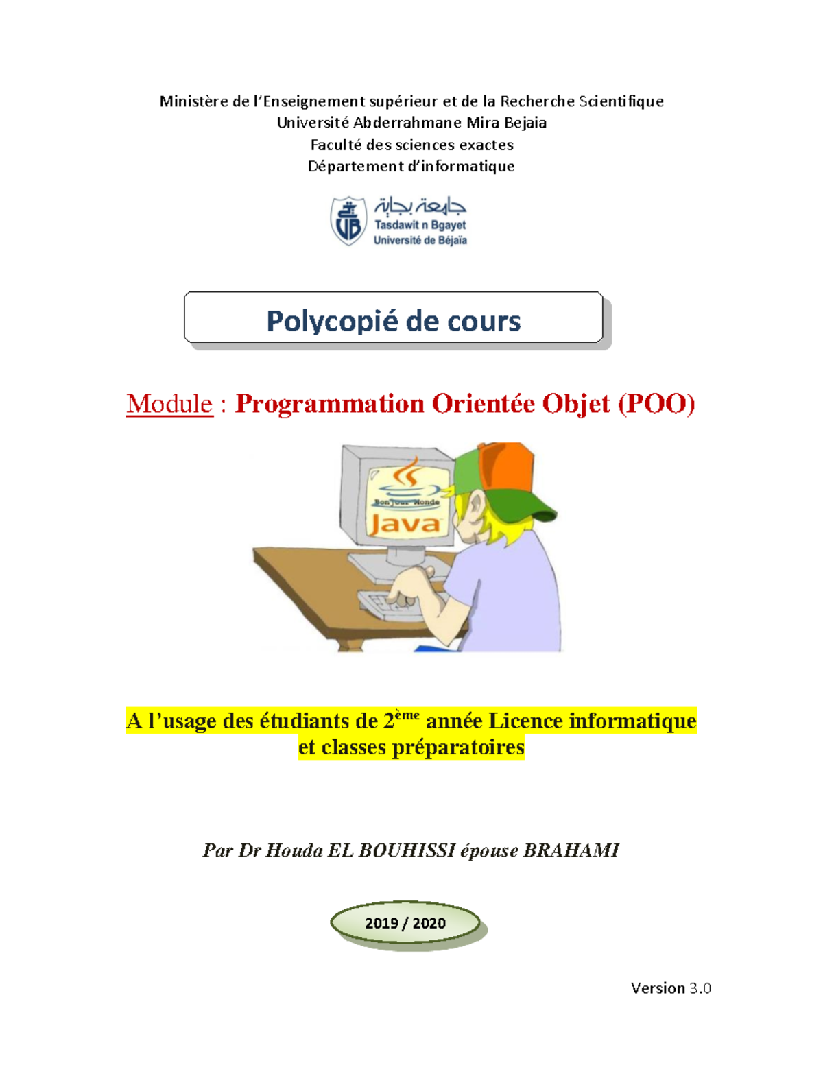 Cours El Bouhissi Houda Programmation Orientée Objet Ministère De Lenseignement Supérieur Et