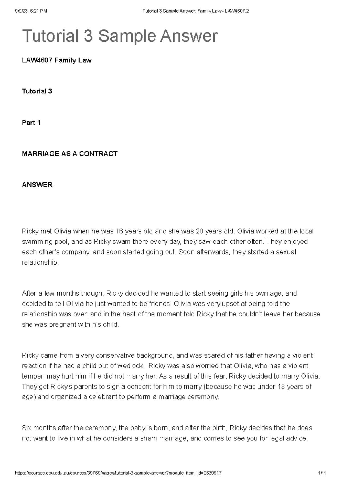 Tutorial 3 Sample Answer Family Law - LAW4607 - Tutorial 3 Sample ...