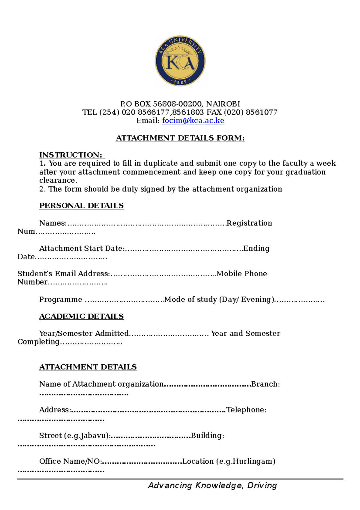 KCA University Attachment Details Form - Advancing Knowledge, Driving P ...