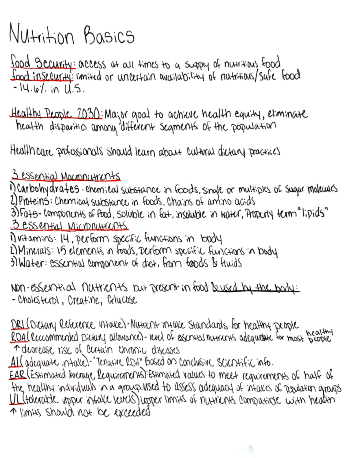 Nutrition Basics - Handwritten notes based off of class lecture ...