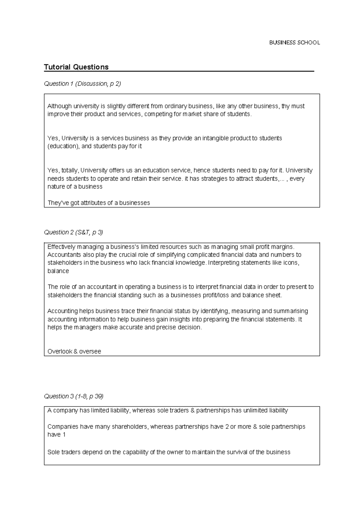 Week 3 - tutorial group - BUSINESS SCHOOL Tutorial Questions Question 1 ...