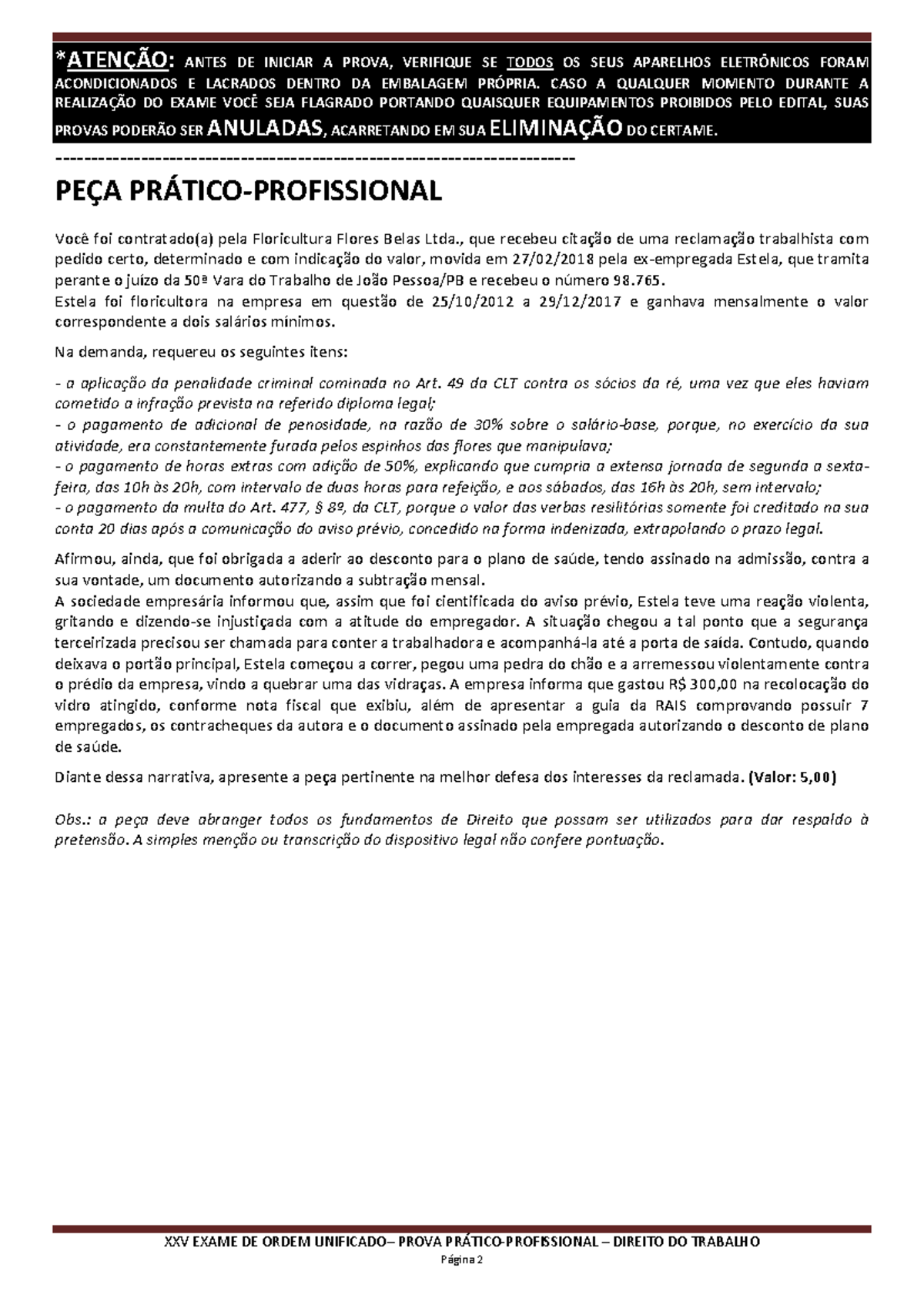 Xxv exame do trabalho segunda fase - XXV EXAME DE ORDEM UNIFICADO ...