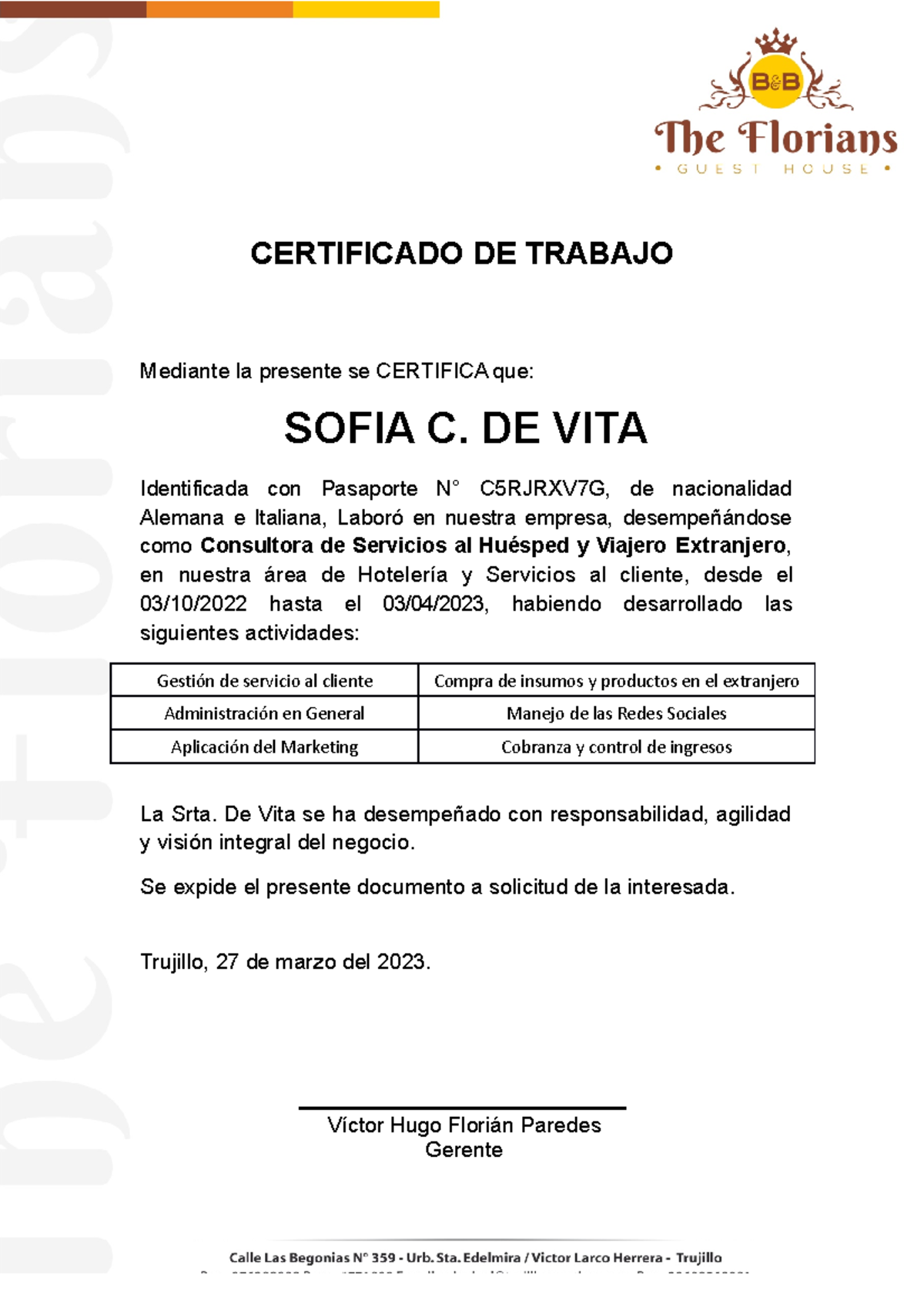 Constancia DE Trabajo Sofia DE VITA - CERTIFICADO DE TRABAJO Mediante ...
