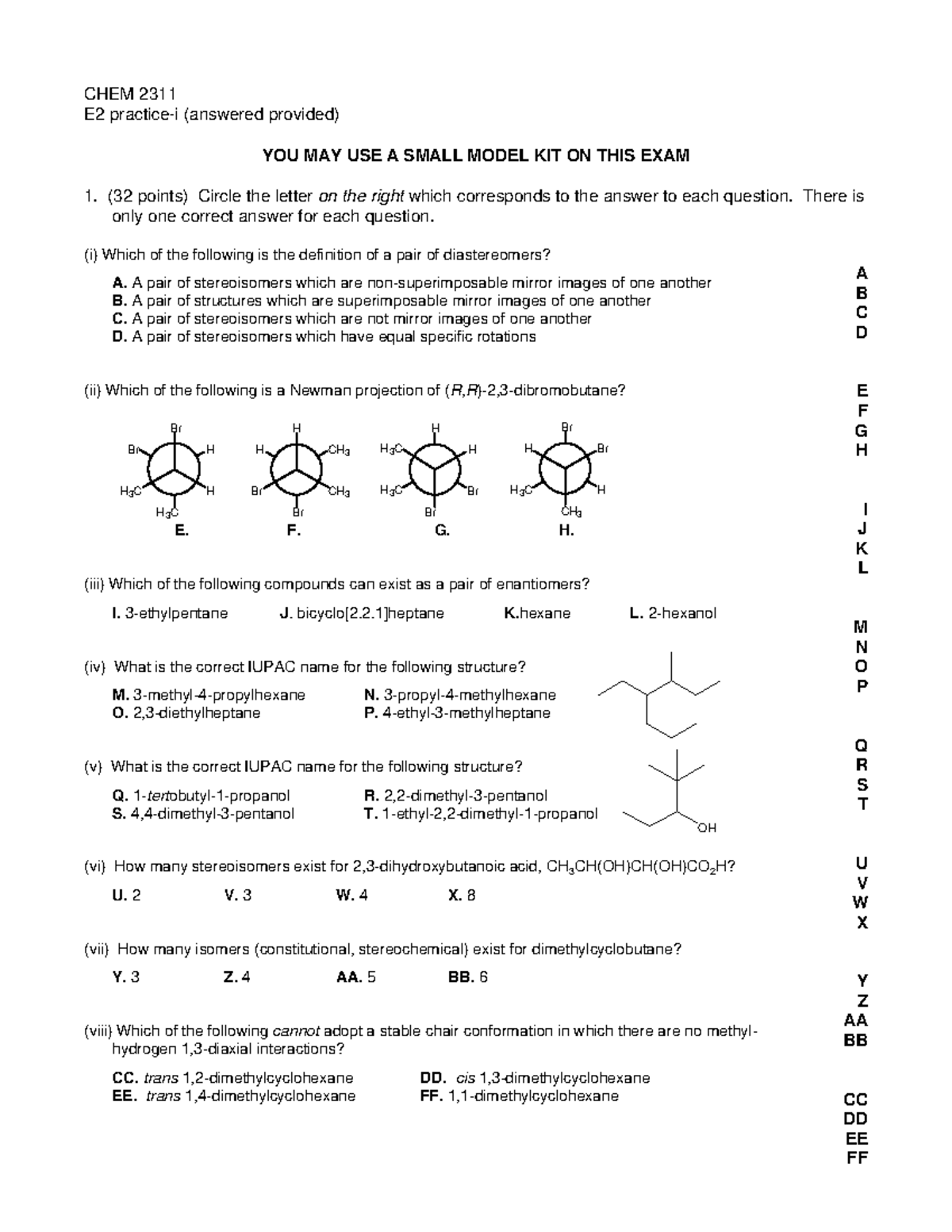 Practice Exam 2 A - CHEM 2311 E2 practice-i (answered provided) YOU MAY ...