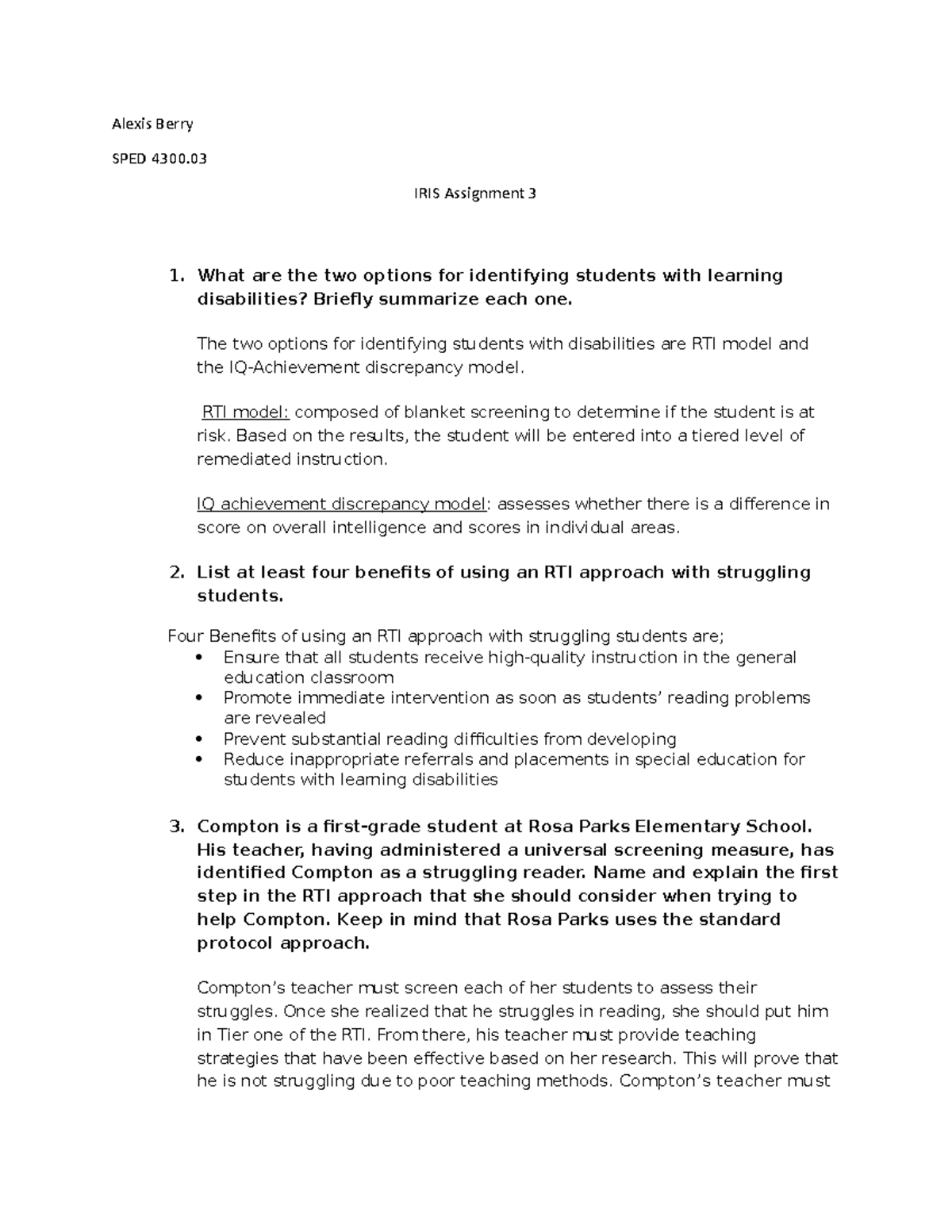 IRIS September 22 - IRIS coursework module answers. - Alexis Berry SPED ...