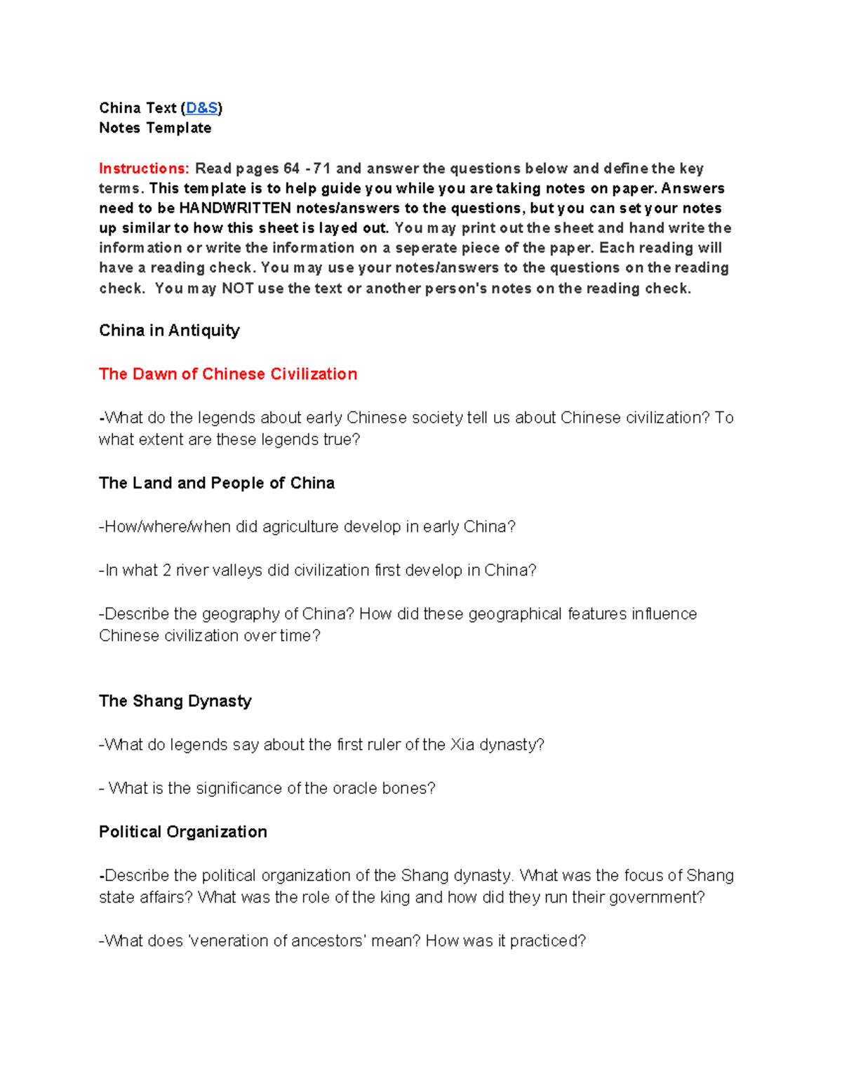 China Guided Notes - China Text (D&S) Notes Template Instructions: Read ...