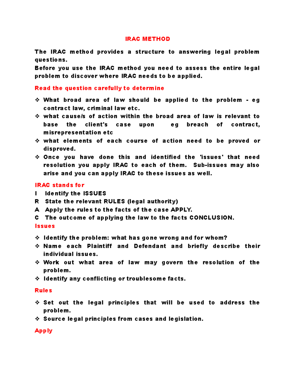 IRAC Method A Guide IRAC METHOD The IRAC Method Provides A