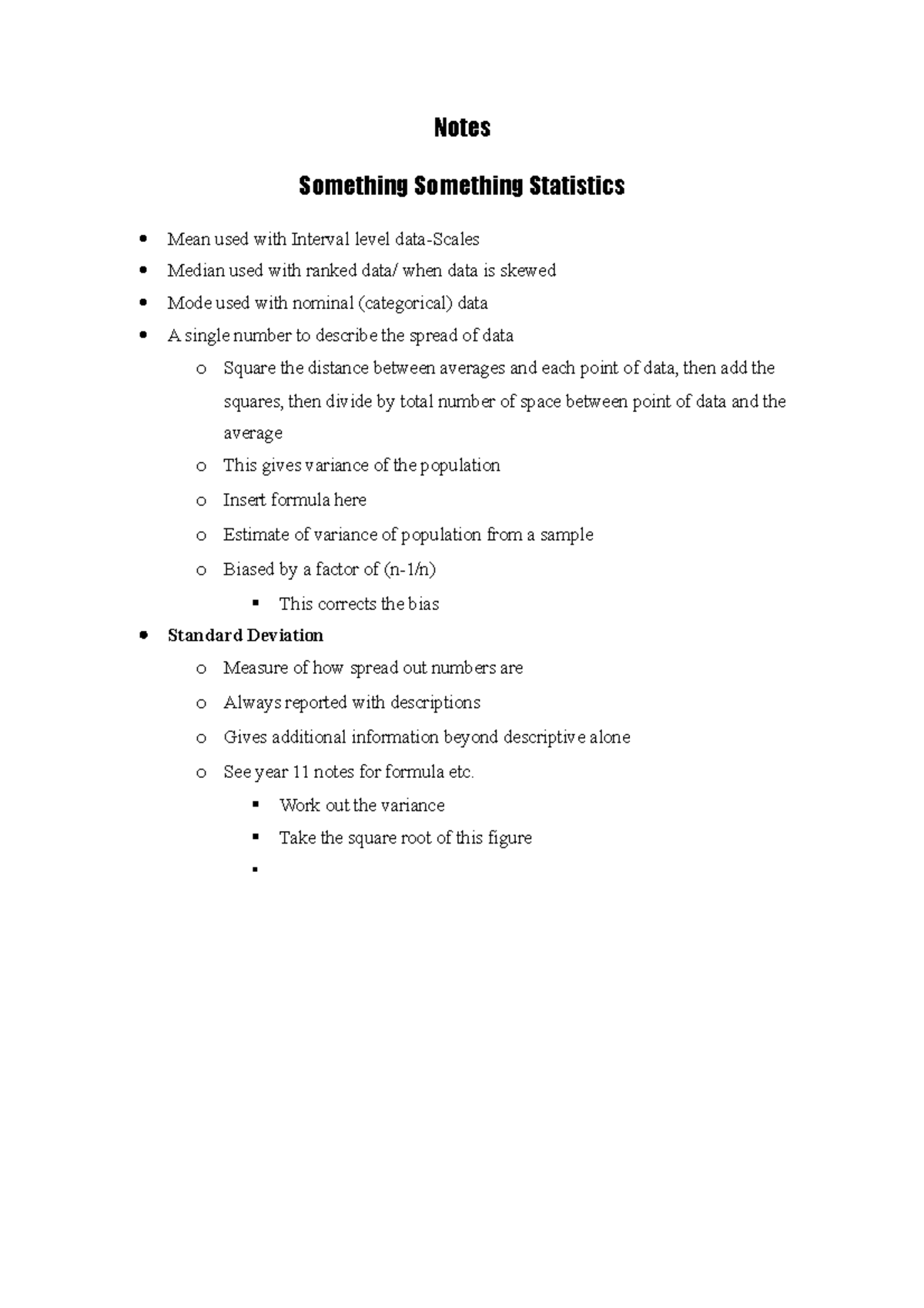 Descriptive Statistics - Notes Something Something Statistics Mean used ...