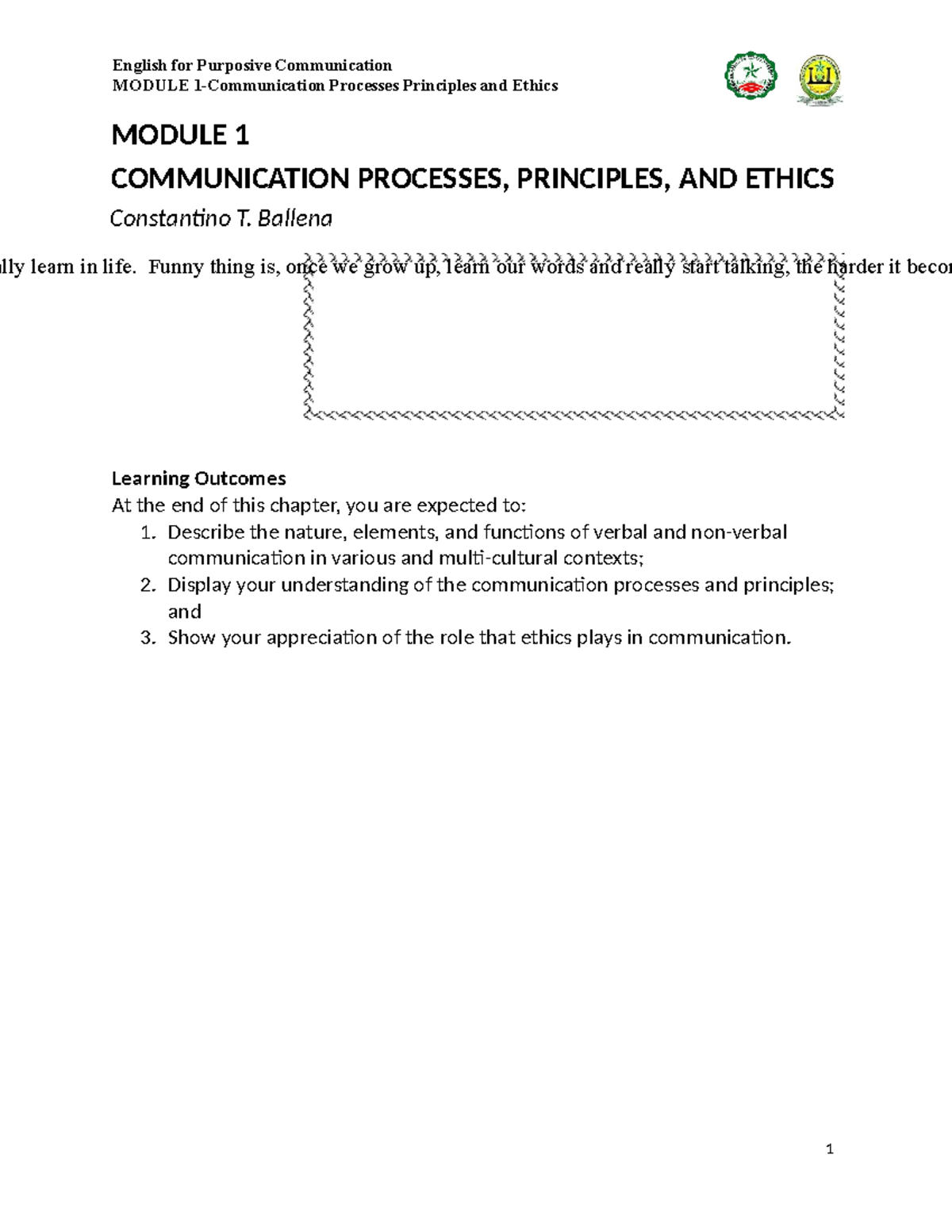 OL- Module 1-Lesson 1 - From BSY12 - English for Purposive Communication MODULE 1-Communication ...