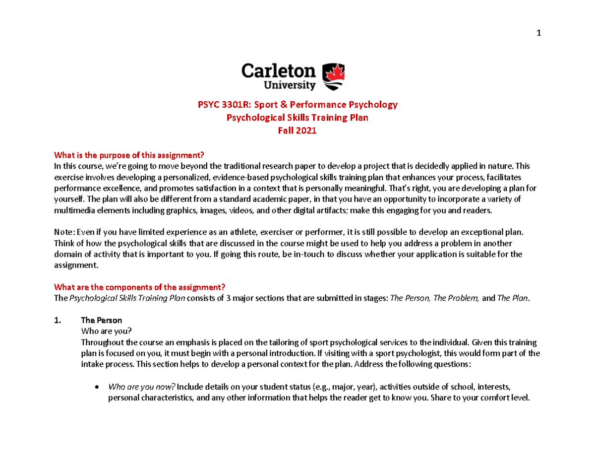 Psychological Skills Training Plan for Sport Performance - Studocu