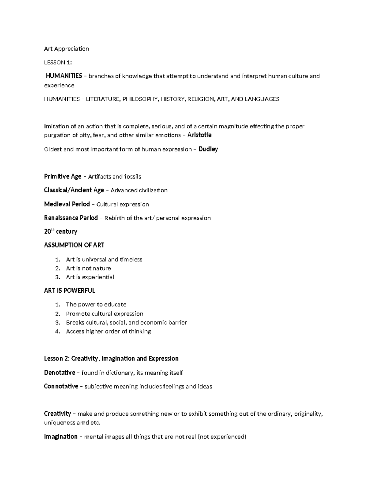 Introduction TO ART Appreciation Reviewer - Art Appreciation LESSON 1 ...