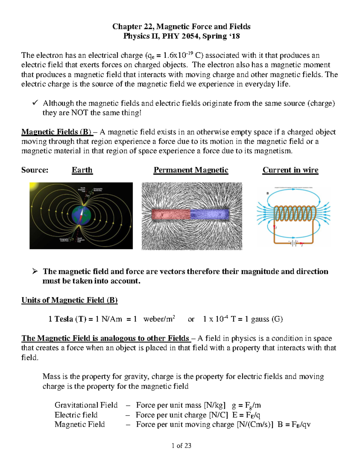 Physics II Ch 22 Magnetic force Spring 18 - Chapter 22, Magnetic Force ...