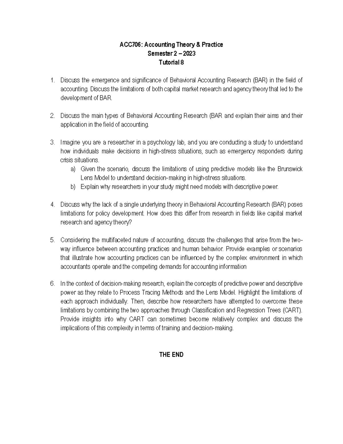 Tutorial 8 - ACC706: Accounting Theory & Practice Semester 2 – 2023 ...