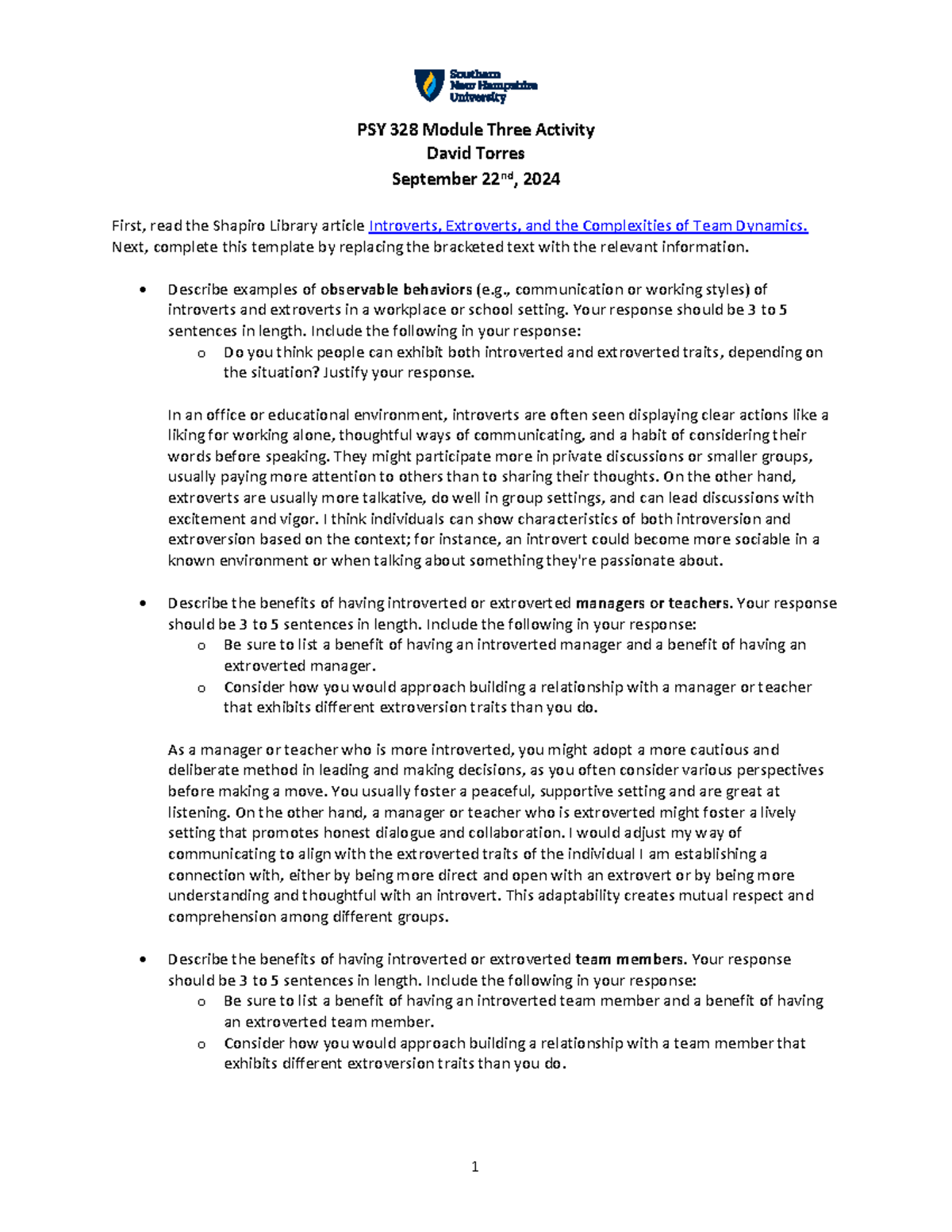 PSY 328 Module Three Activity - 1 PSY 328 Module Three Activity David ...
