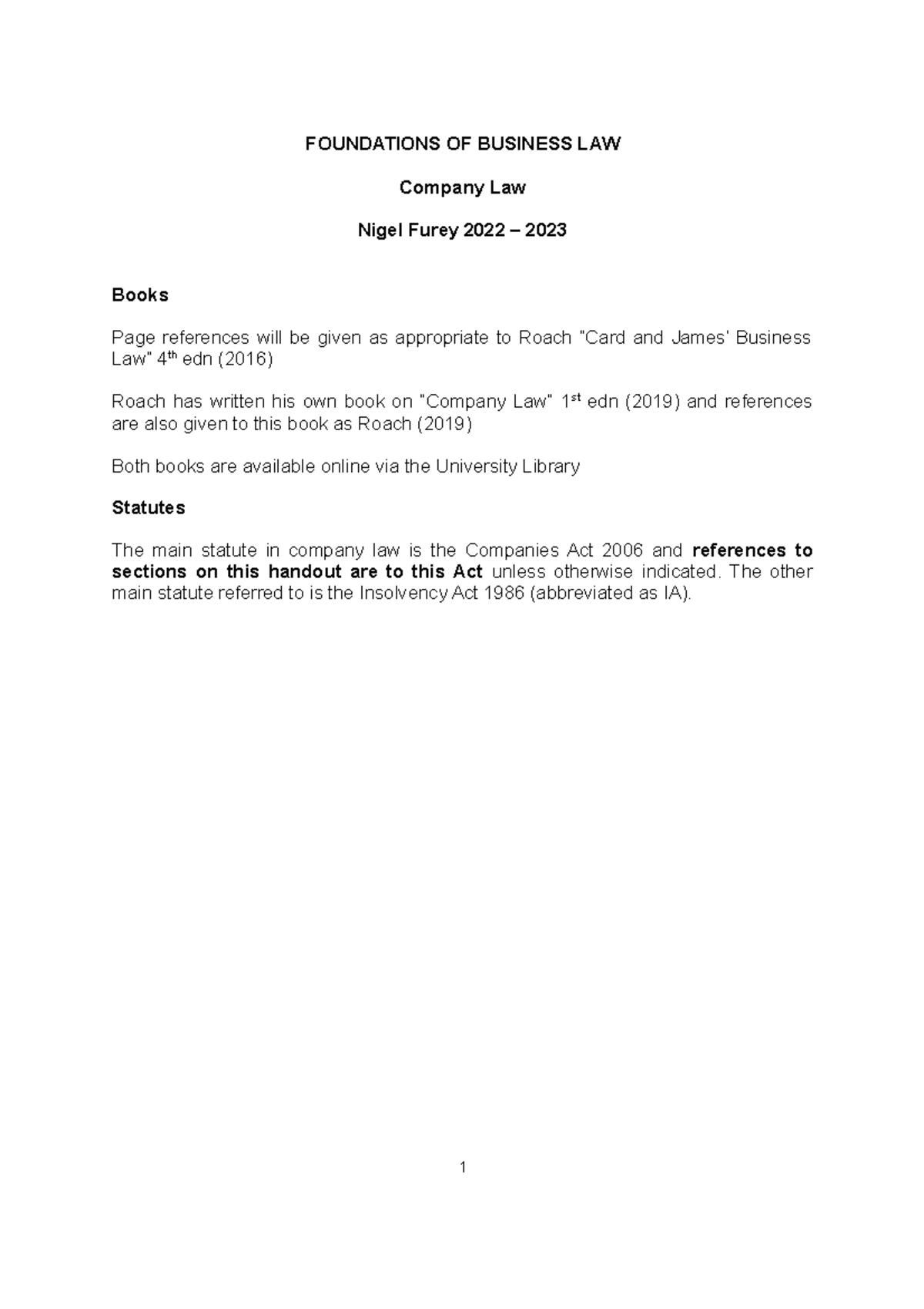 Foundations of Business Law - handout 2022 - 2023 - FOUNDATIONS OF ...