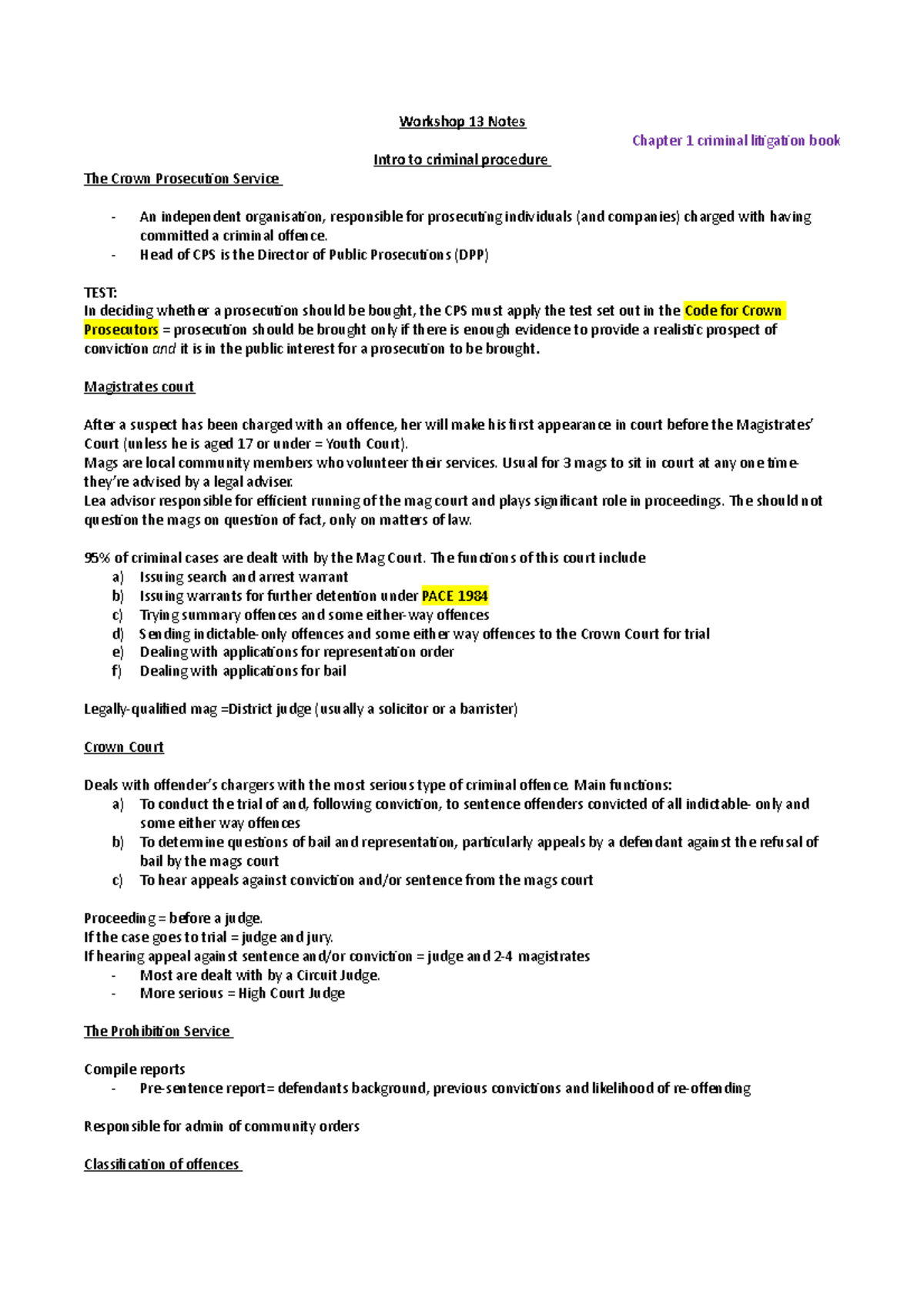 Workshop 13 Notes - Workshop 13 Notes Chapter 1 criminal litigation ...