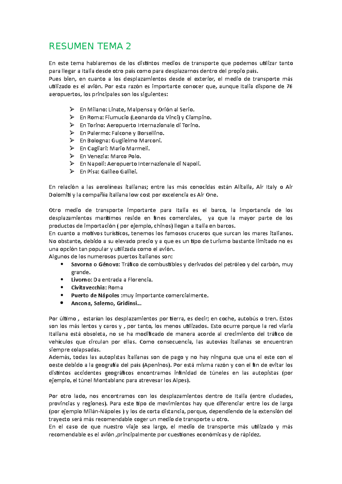 Resumen TEMA 2 - Cultura Italiana - RESUMEN TEMA 2 En este tema hablaremos de los distintos ...