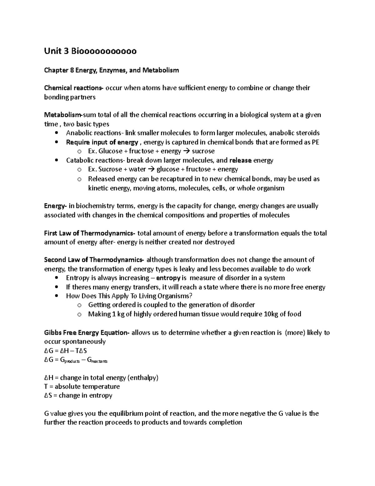 Unit 3 Biologyyyyyy - Unit 3 Chapter 8 Energy, Enzymes, and Metabolism ...