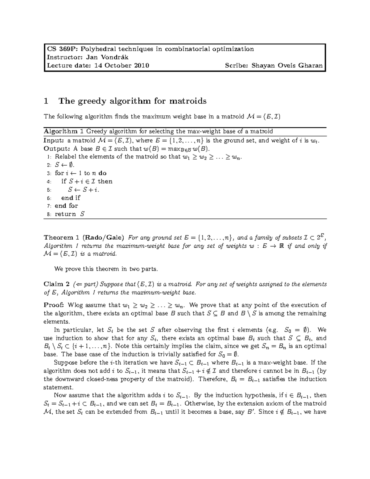 Lec8 Matroid Proof - CS 369P: Polyhedral techniques in combinatorial optimization Instructor ...