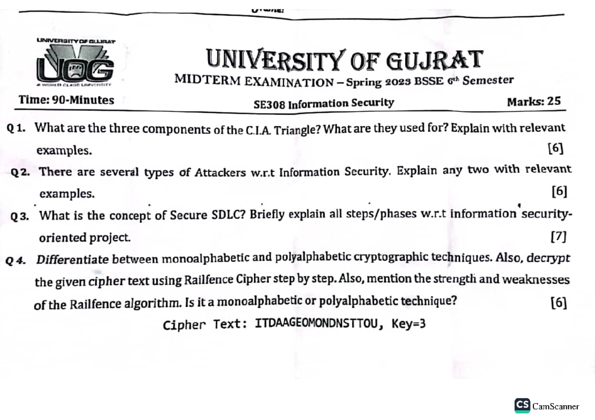 Information Security Mid Term Paper - UNIVERSITY OF GUJRAT UOG UNIVERSITY OF GUJRAT MIDTERM ...
