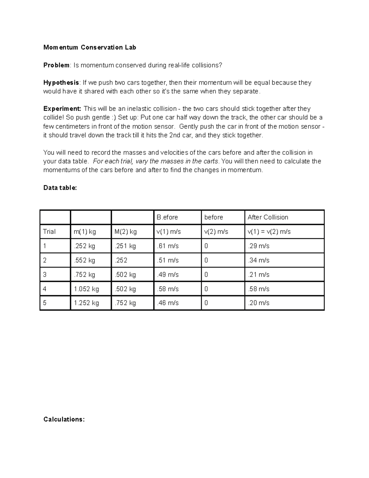 Momentum Conservation Lab - Momentum Conservation Lab Problem : Is ...
