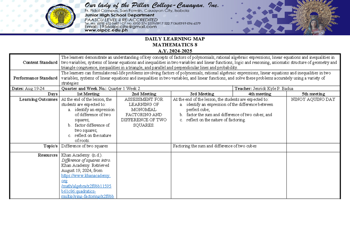 Week 2 Math 8 - Use it as you wish - DAILY LEARNING MAP MATHEMATICS 8 A ...