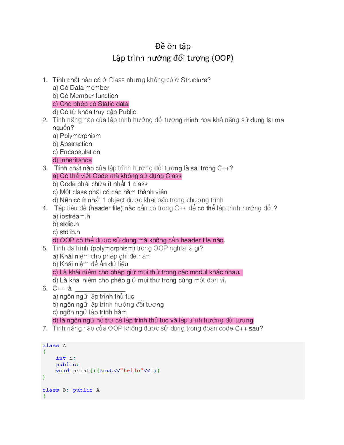Đề OOP ôn tập - đề oop - Đề ôn tập Lập trình hướng đối tượng (OOP) 1 ...