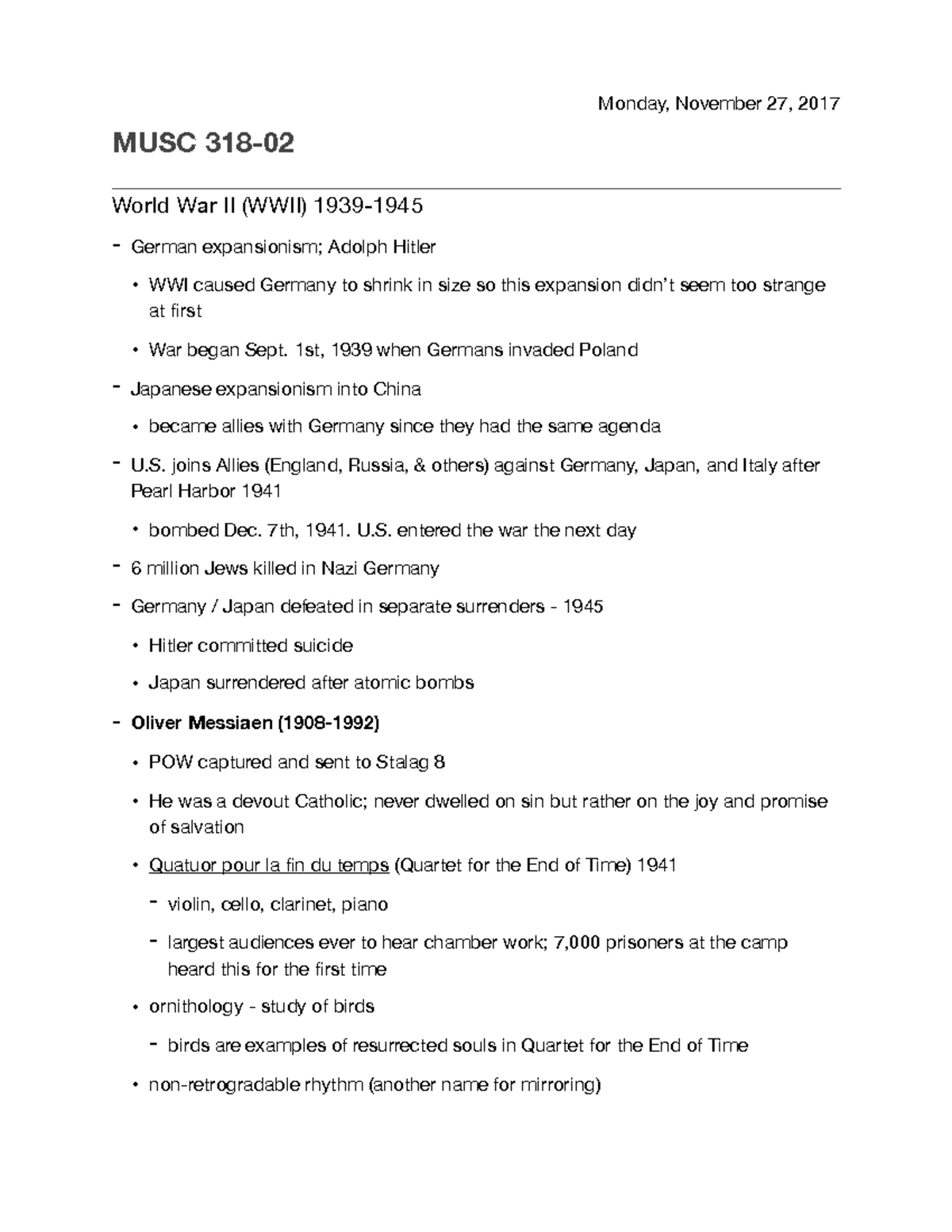 World War II Music - Monday, November 27, 2017 MUSC 318- World War II ...