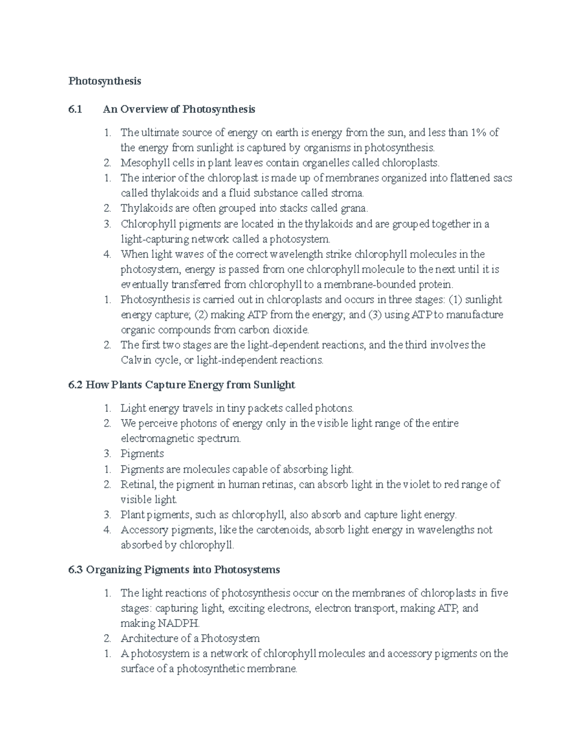 Bio Chp 6 Notes - Photosynthesis 6 An Overview of Photosynthesis The ...