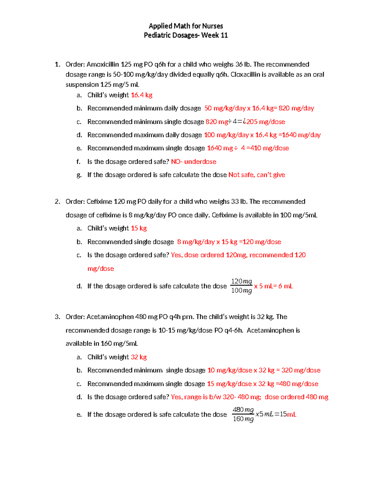 Pediatric Dosages- Key11 - Pediatric Dosages- Week 11 Order ...