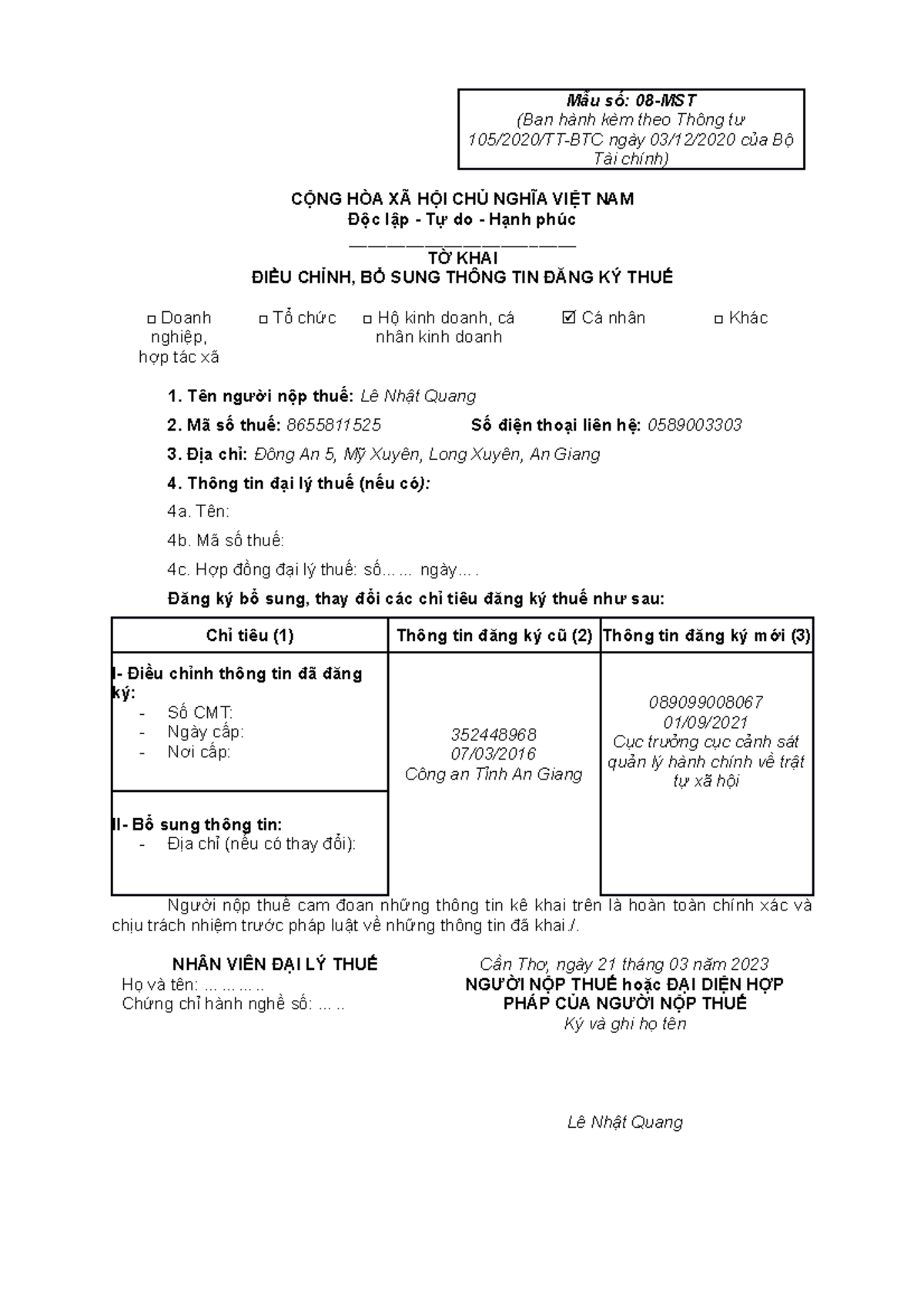 Mẫu số 08-MST (Cập nhật Cmtcccd) TT105 Khai mẫu - Mẫu số: 08-MST (Ban hành kèm theo Thông tư ...