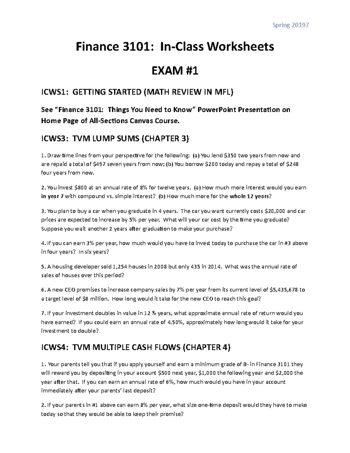 Finance in class wokrshets - Finance 3101: In-Class Worksheets EXAM ...