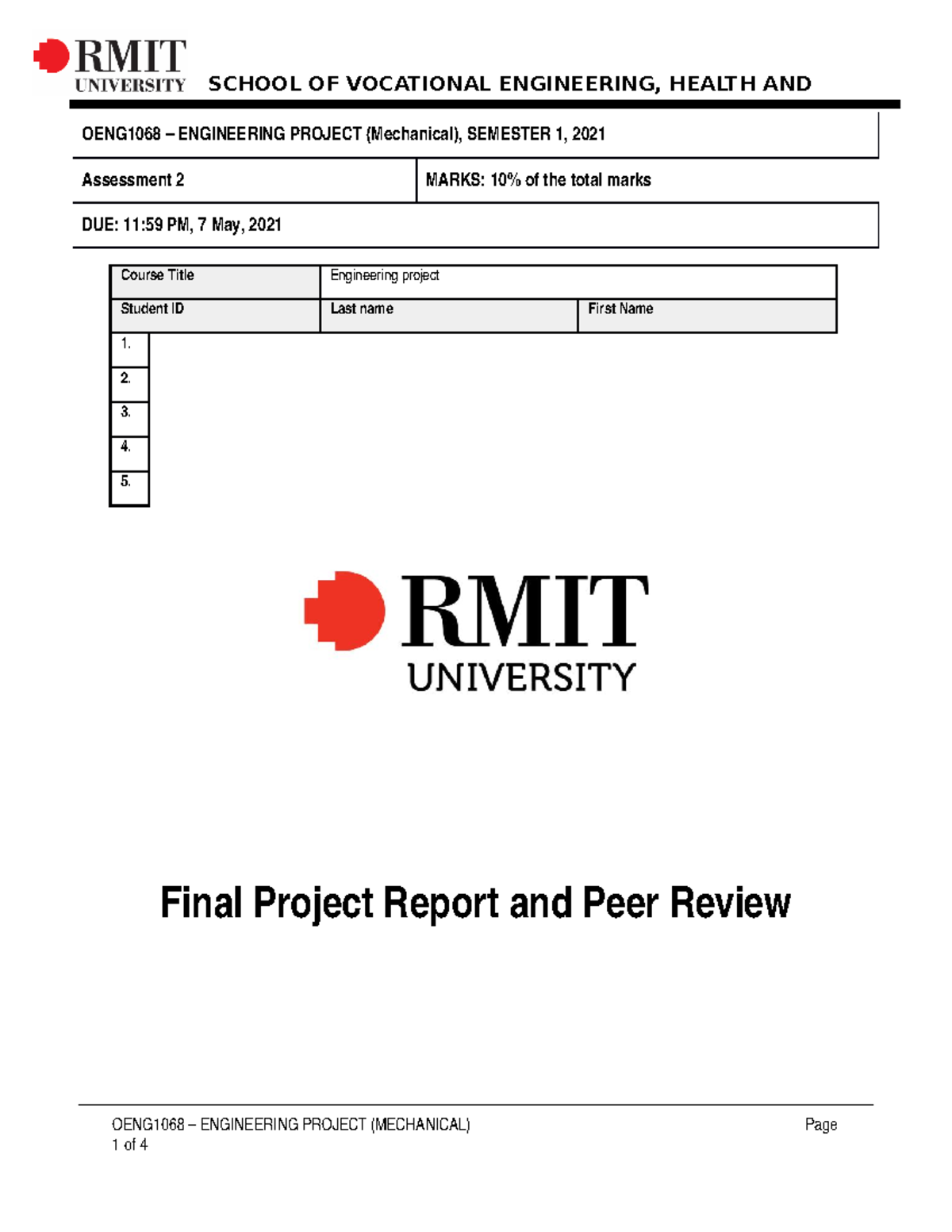 Engineering Project assessment 3A - SCIENCES OENG1068 – ENGINEERING ...