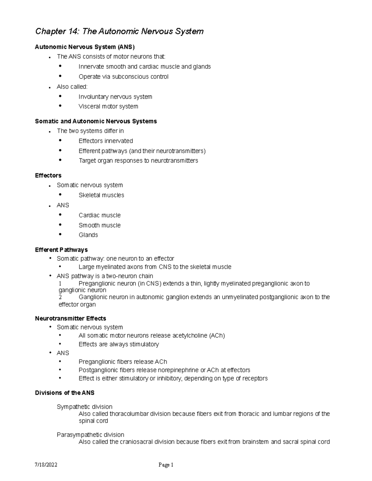 01 Chpt 14 Autonomic Outline - Chapter 14: The Autonomic Nervous System ...