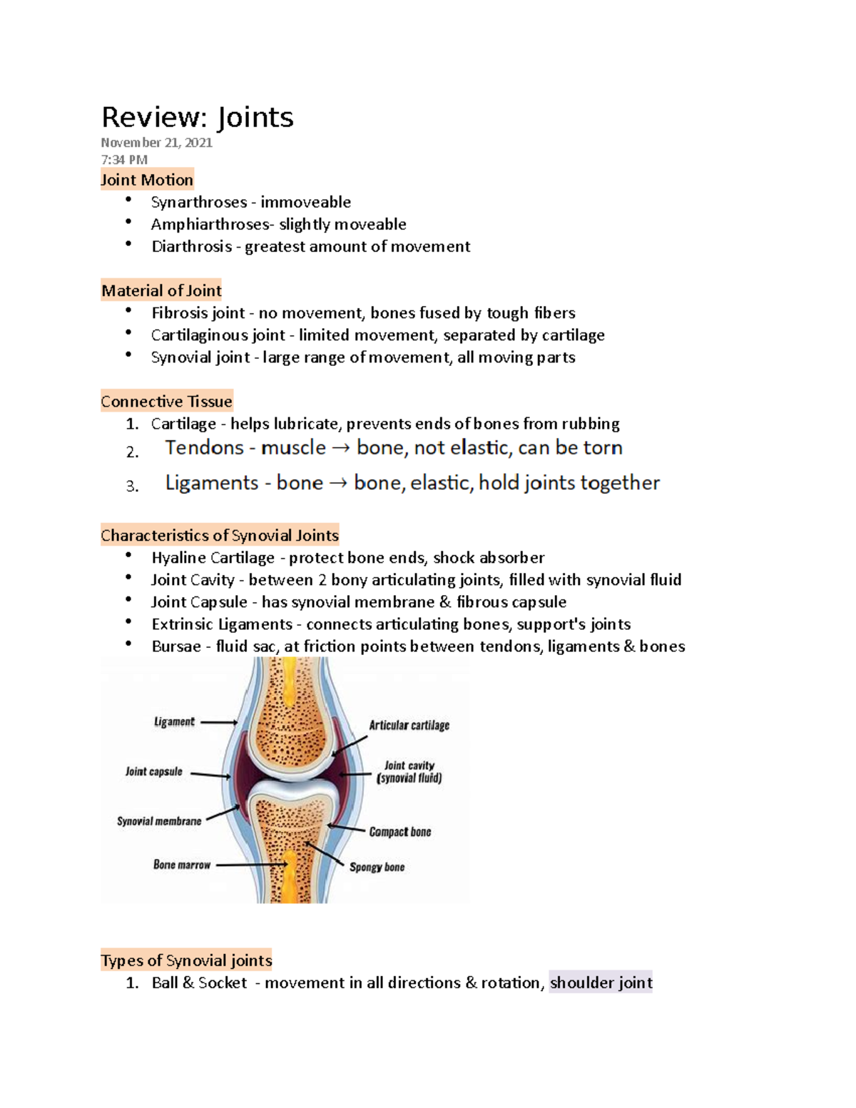 Joints Review - Review: Joints November 21, 2021 7:34 PM Joint Motion ...