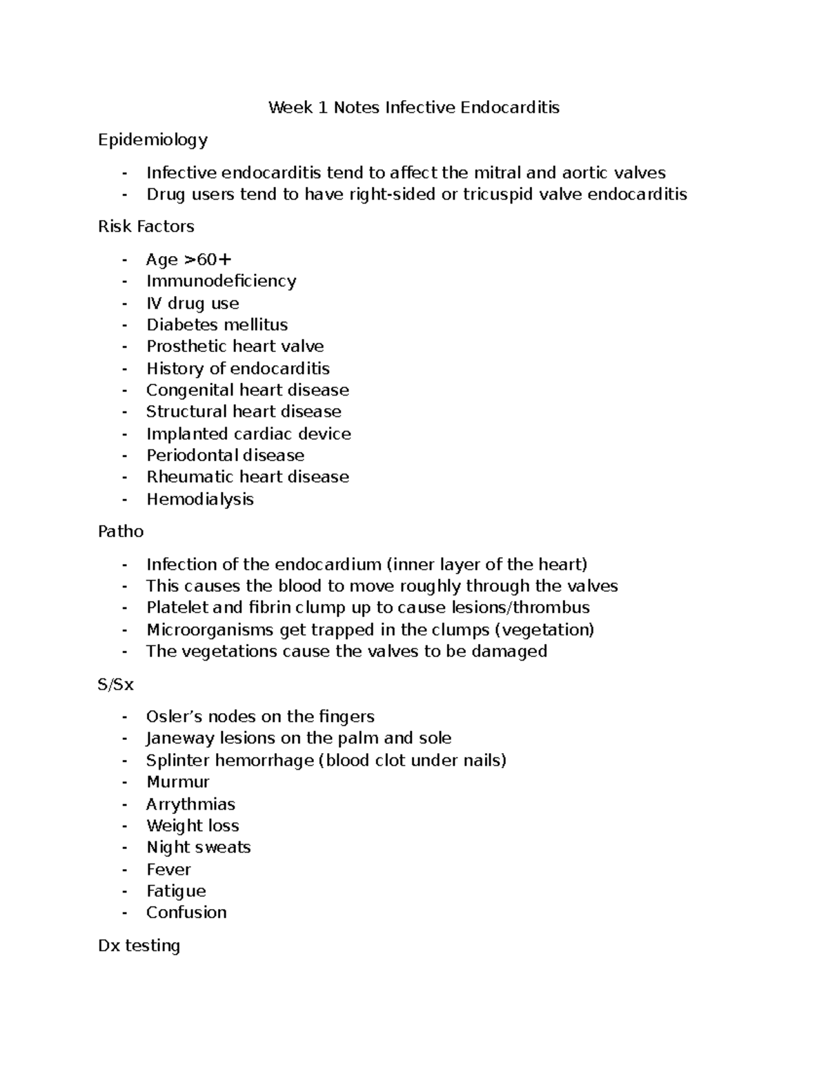 Week 1 Notes Infective Endocarditis copy - Week 1 Notes Infective ...