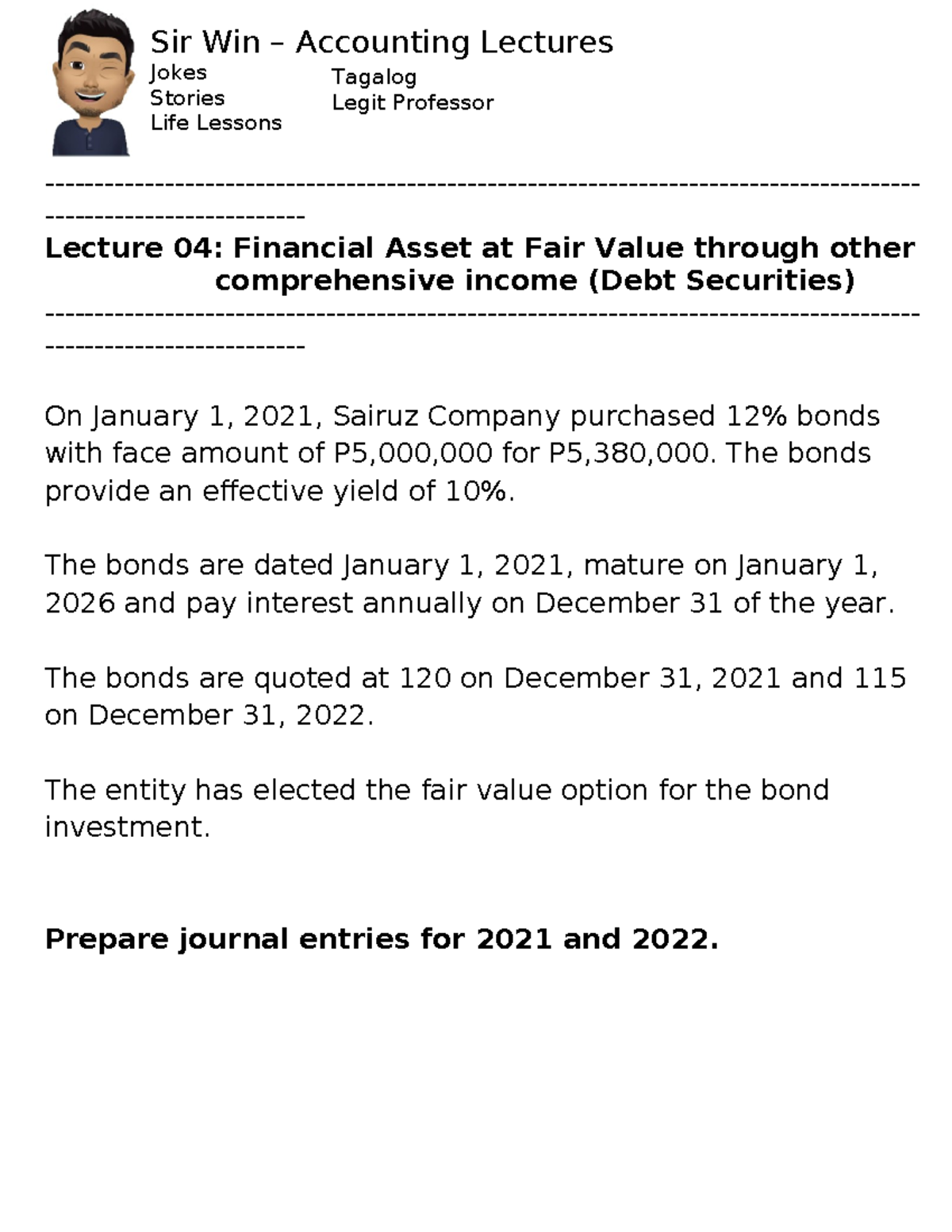 Financial Asset at fair value through oci debt securities - Sir Win ...