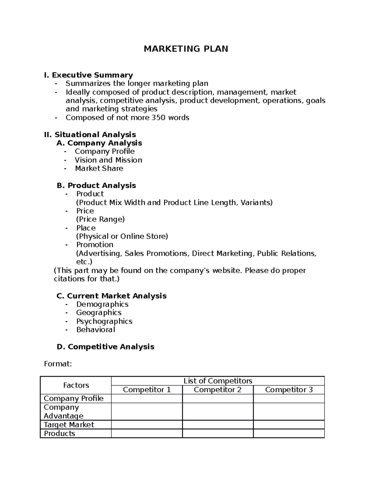 Marketing-PLAN- Guide - MARKETING PLAN I. Executive Summary ...