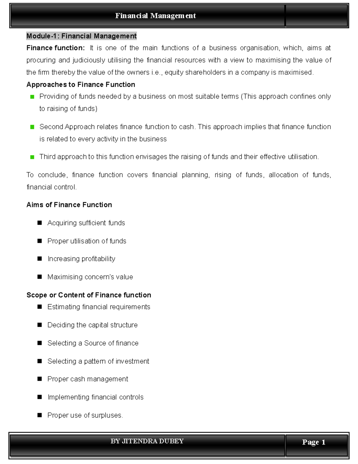 Notes Financial Management - Module-1: Financial Management Finance ...