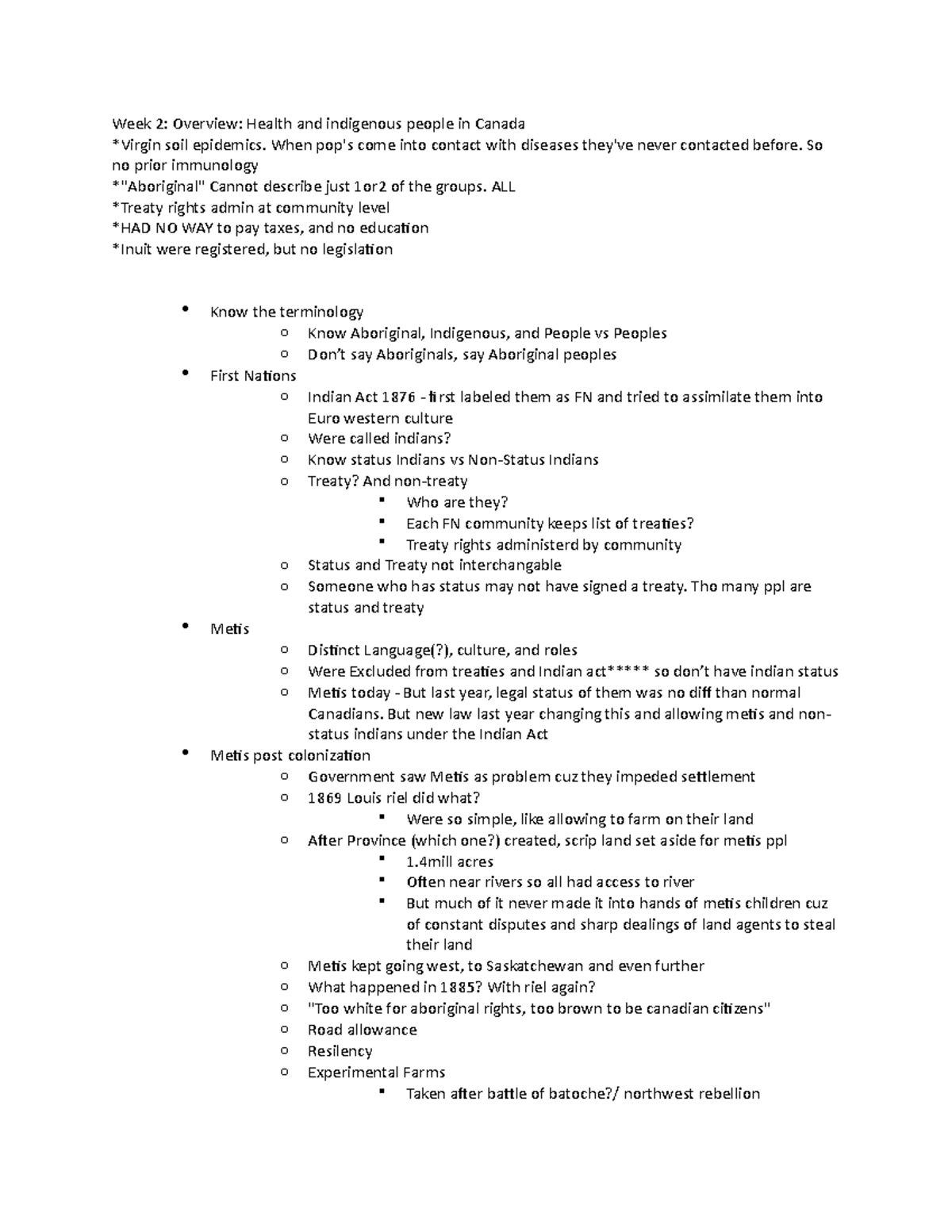 Week 2 Notes - Week 2: Overview: Health and indigenous people in Canada ...