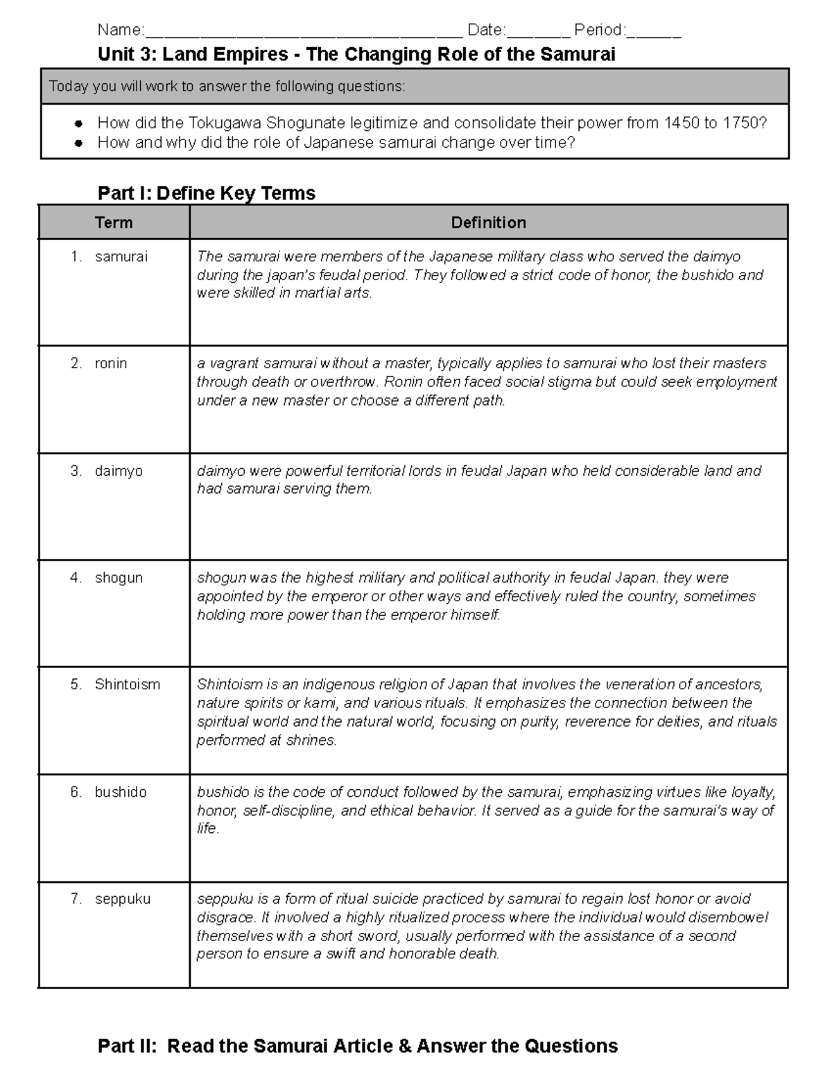 Unit 3 Samurai Inquiry Lesson (APWH Student Handout) - Name